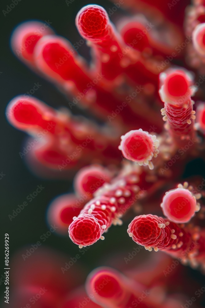 A close-up of vibrant, red bacillus bacteria, depicted with detailed ...