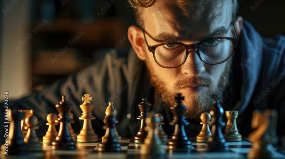 The picture of the chess player focus on the chess board game and ...