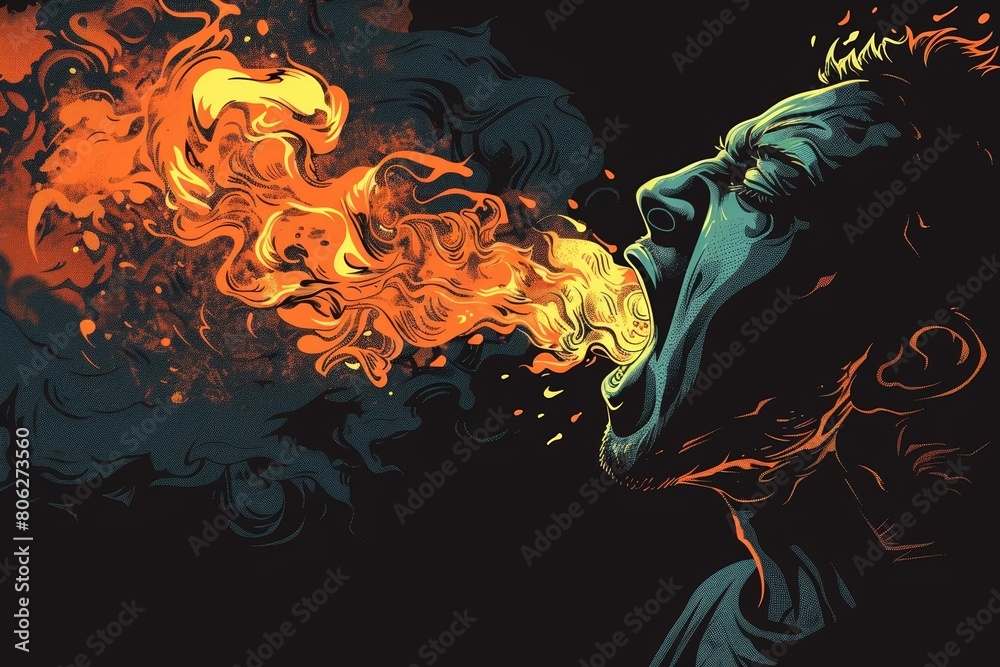 Horrorthemed tshirt design of Fiery breath illuminates the night as the ...