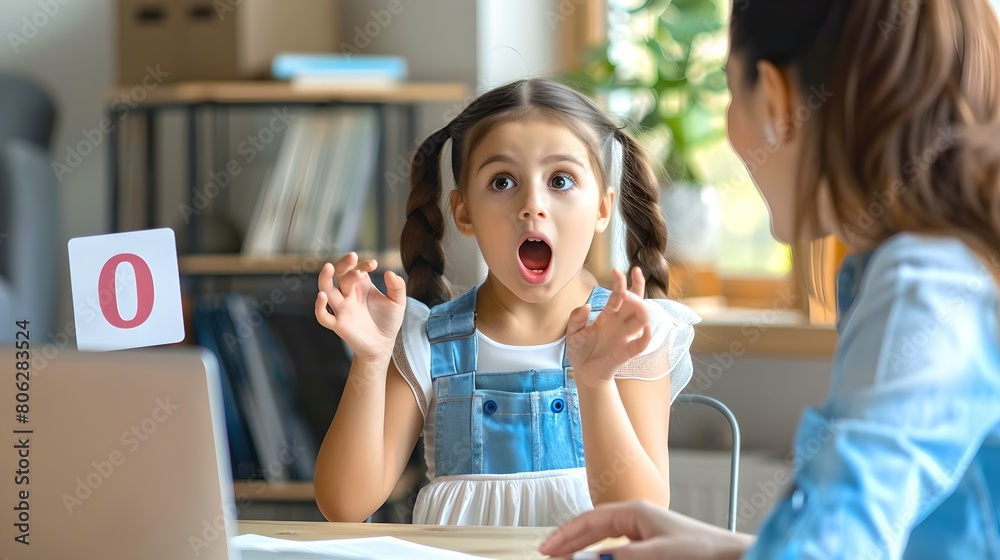 Excited little girl with wide eyes during a home school session ...