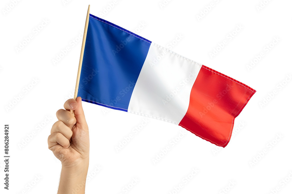 man hand hold national flag of France isolated on transparent ...