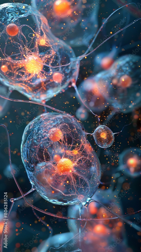 Zoomed-in view of skin cells glowing with health, surrounded by a ...