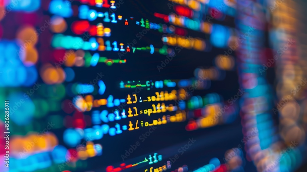 Bright and colorful coding interface on laptop screen with blurred ...