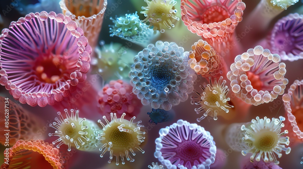 Pollen Grains Magnified, Showcase the fascinating shapes and textures ...