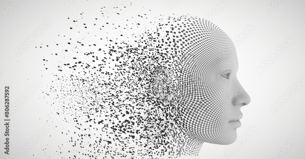 Human head dispersing and disintegrating into particles. 3D vector ...