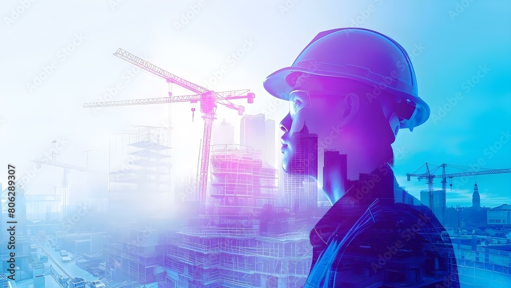 Visualizing redevelopment: Engineer with plan in double exposure over ... Visualizing redevelopment: Engineer with plan in double exposure over ...