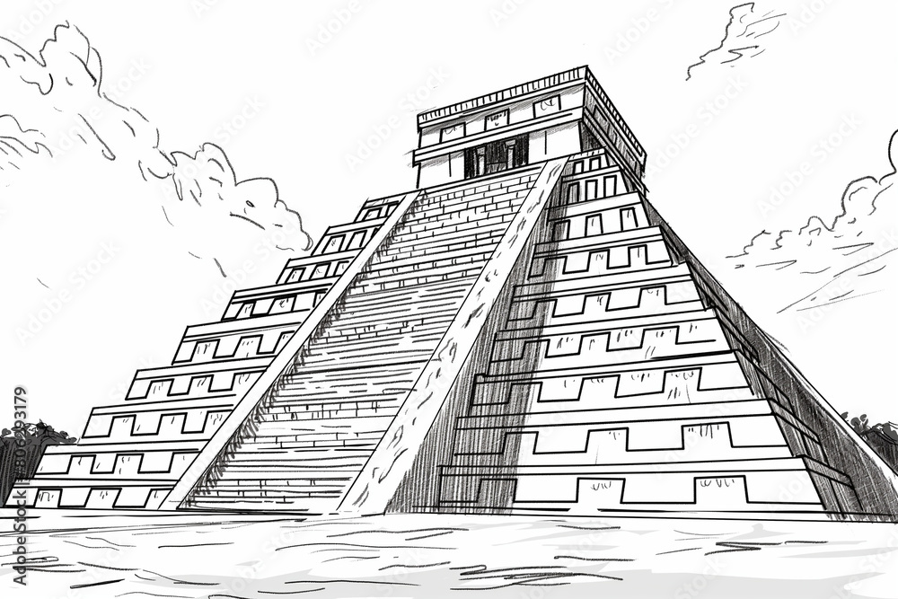 Black and white line drawing illustration of Chichén Itzá, Mexico. one ...
