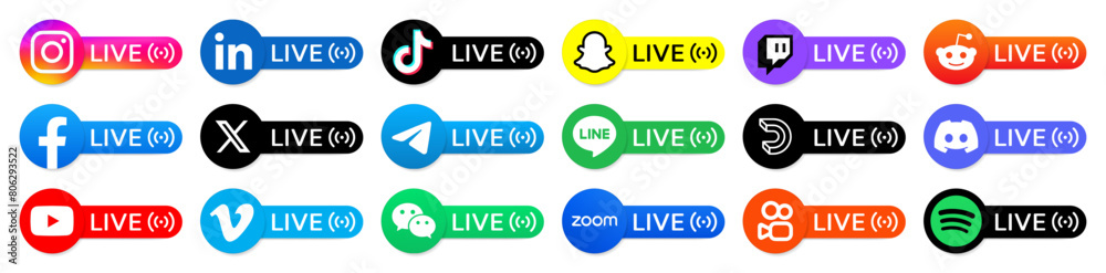 Set of live stream icons. Social media icons. Instagram, Facebook ...