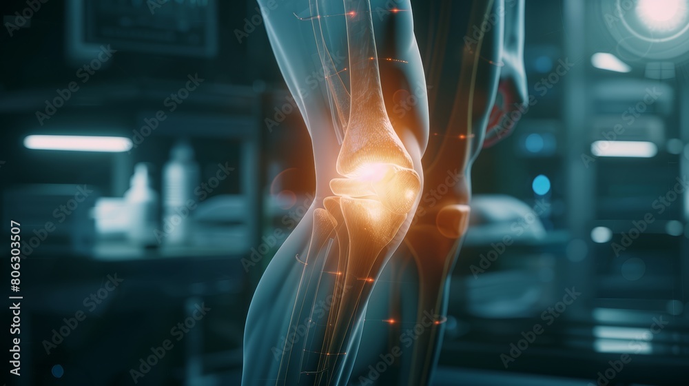 3D visual concept of human knee pain, showing stressed ligaments and ...