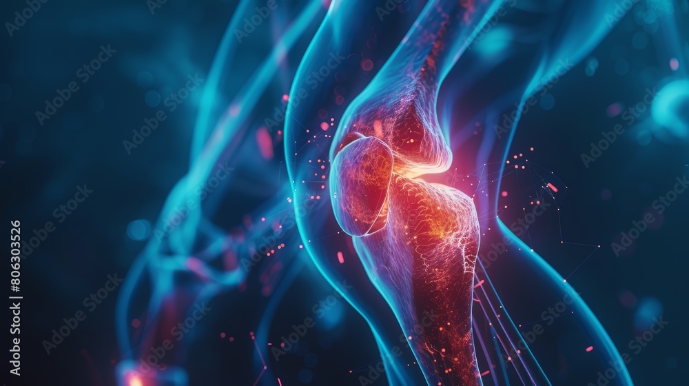 3D visual concept of human knee pain, showing stressed ligaments and ...