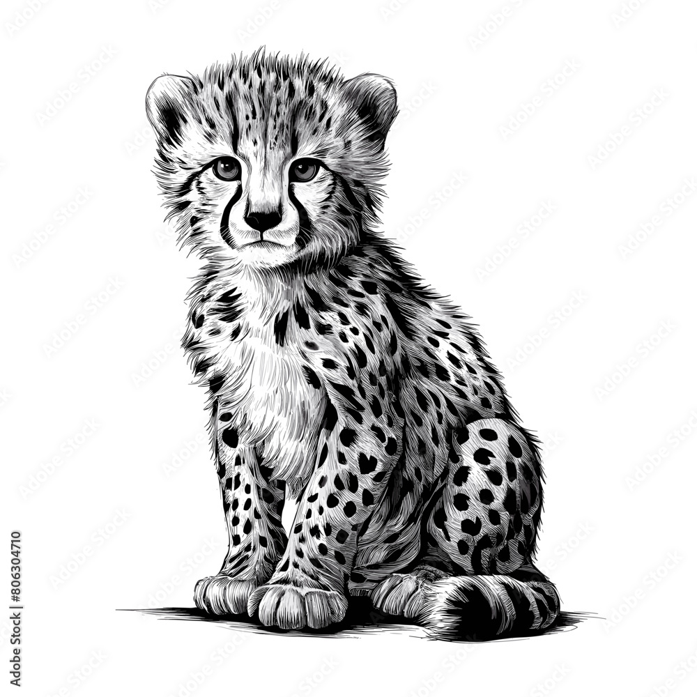 Vetor de Cheetah cub ink sketch drawing, black and white, engraving ...