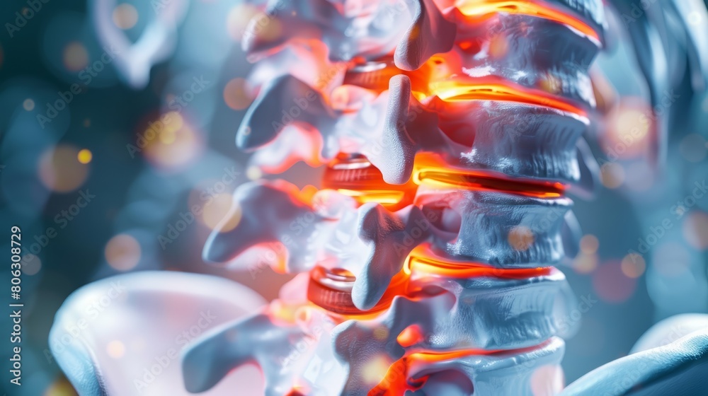 Zoomed-in illustration of inflamed spinal discs causing back pain ...