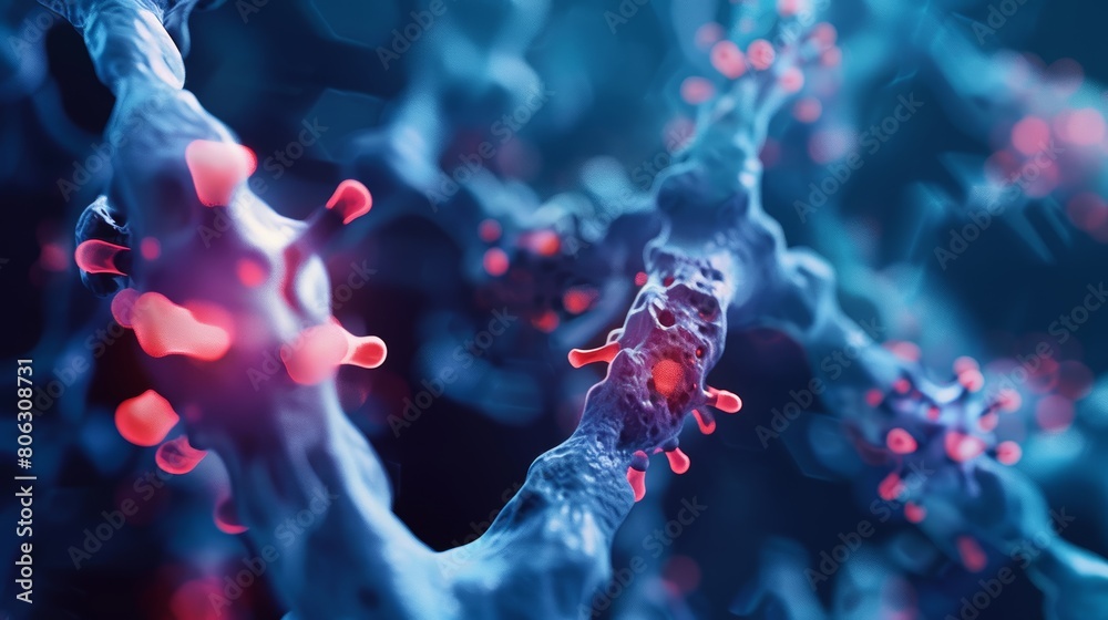 Zoomed-in medical graphic of a bone with red inflammation markers, dark ...