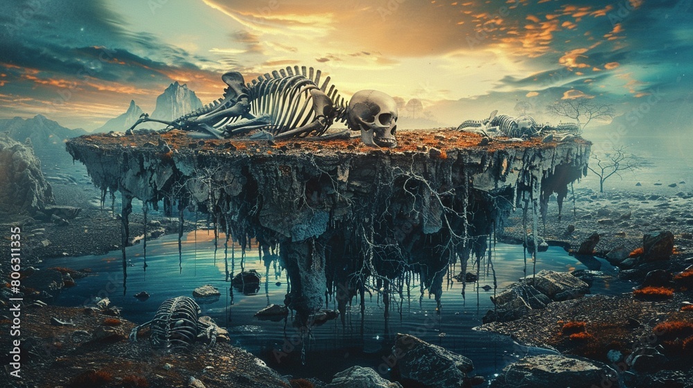 A visual representation of ecosystem collapse, showing animal skeletons ...