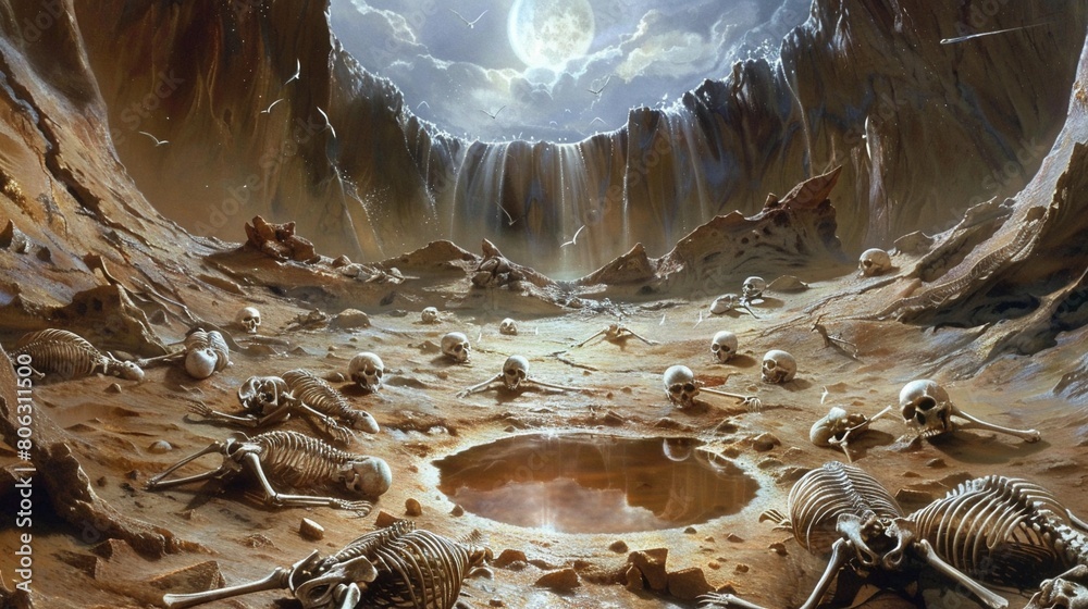 Indicating ecosystem collapse a scattered array of animal skeletons ...