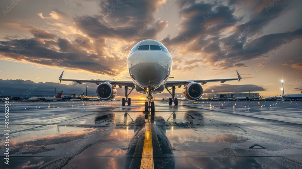 Airplane facing the camera on a reflective wet runway with dramatic ...