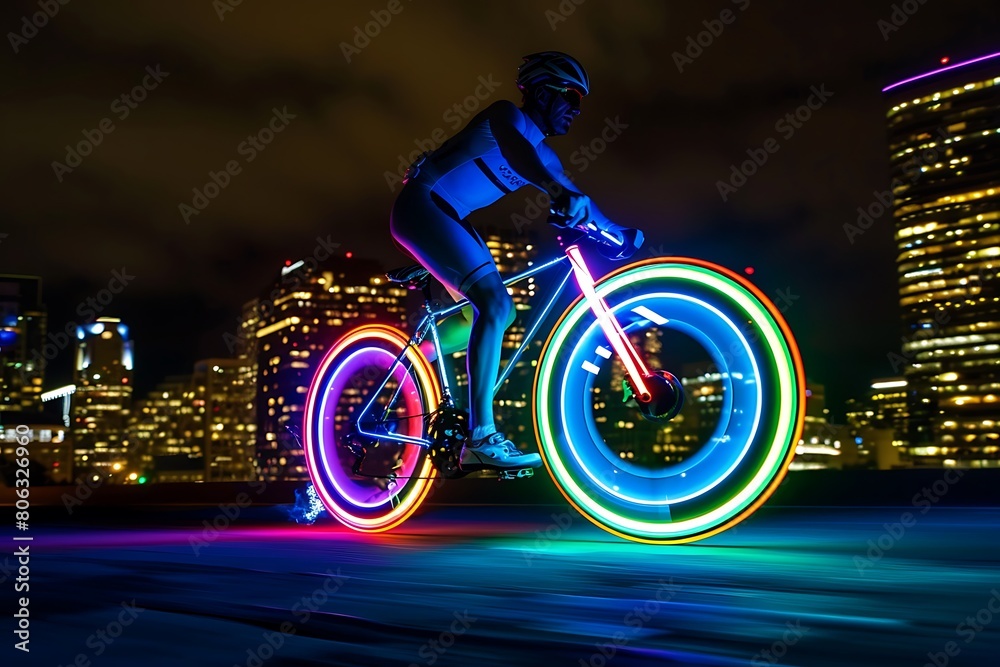 cyclist on bicycle with rainbow neon light wheels on night city ...