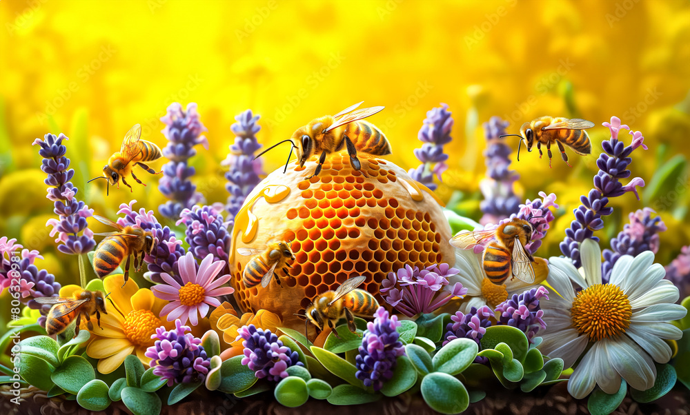 May 20, World bee day. A lively swarm of bees is illustrated in a sea ...