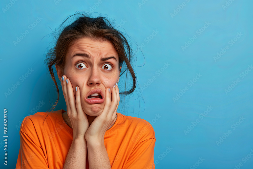 Oops. Closeup photo of sad terrified lady horrified facial expression ...