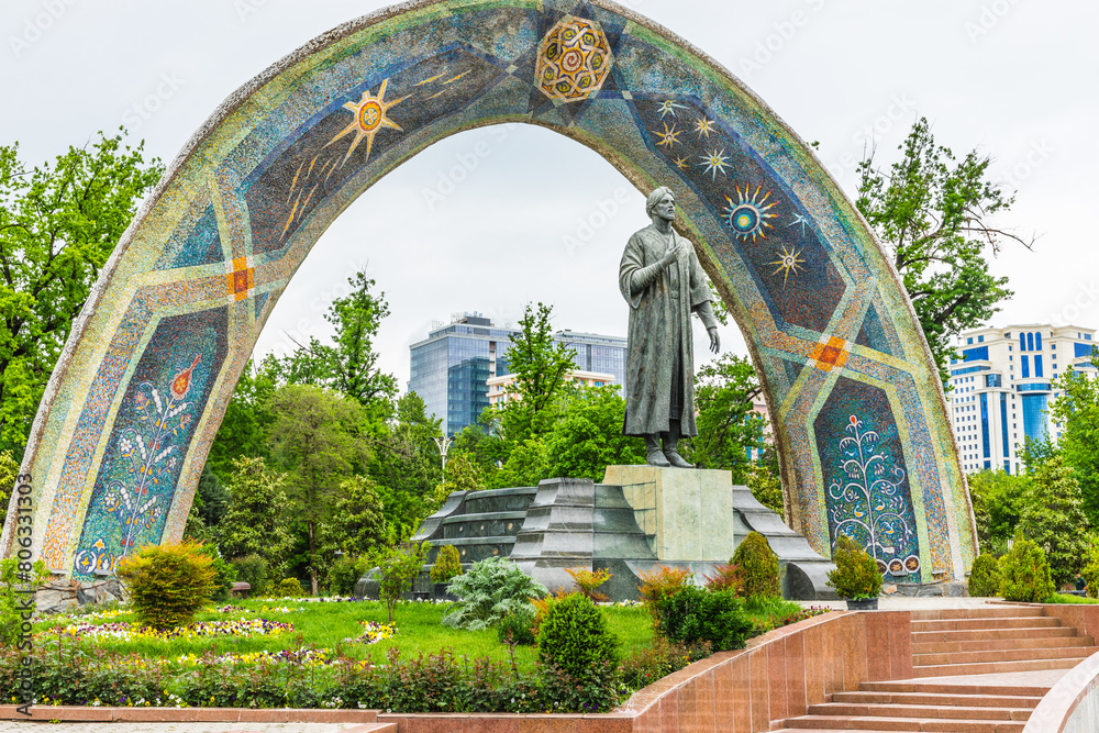 Dushanbe, Tajikistan - May 01, 2024: Monument to the prominent poet of ...