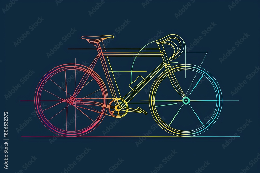 colorful bicycle contour on dark background, simple line drawing style ...