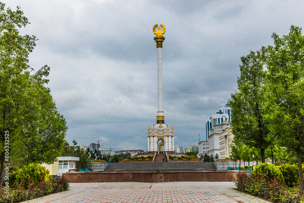 Dushanbe, Tajikistan - May 01, 2024: Monument depicting the coat of ...