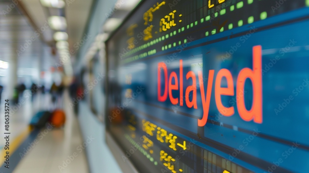 An airport departure board displays multiple flights labeled as Delayed ...