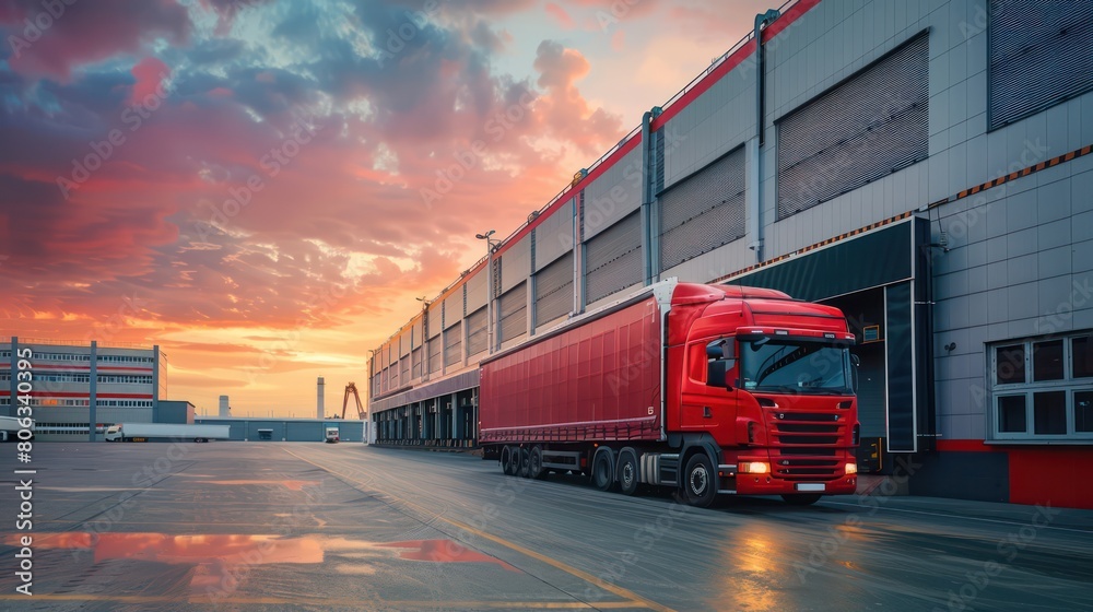 Image showcases a red freight truck waiting at the cargo bay of a ...
