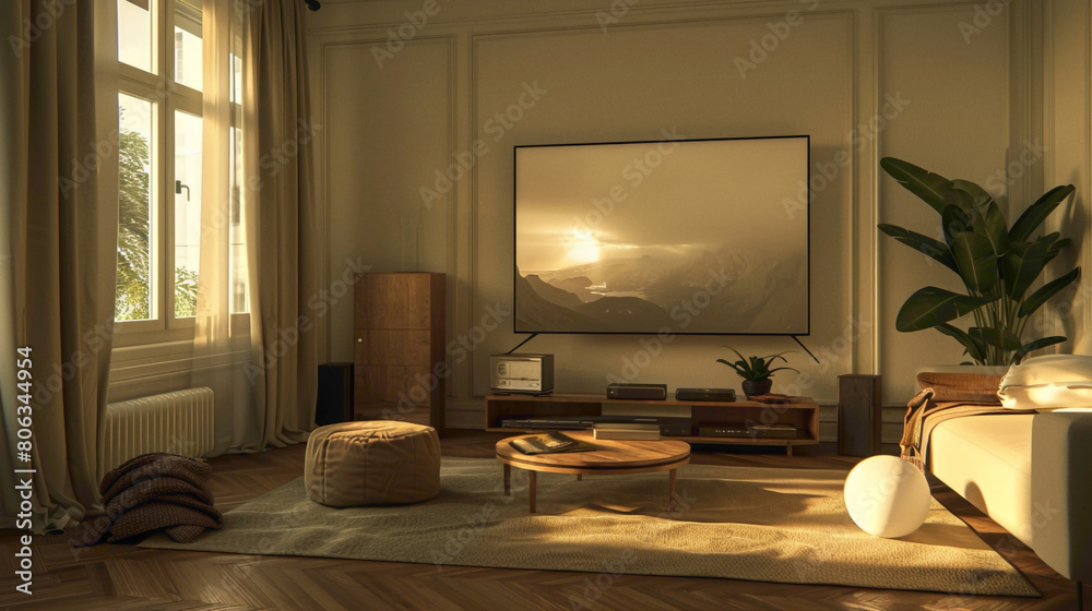 Enter a chic living room exuding modern flr A large mock-up poster ...