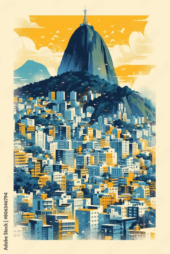 A colorful cartoon illustration of Favelas in Rio de Janeiro, Brazil ...