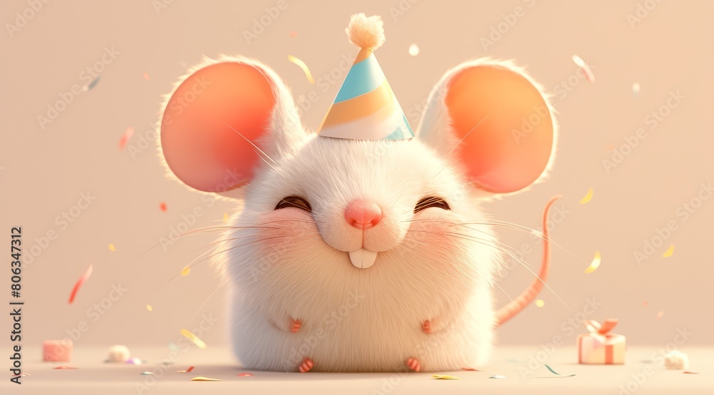 Happy smiling rat wearing a party hat on its head, the funny animal in ...
