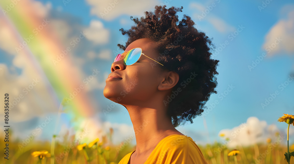Happy young black woman breathing fresh air outdoors in nature. African ...