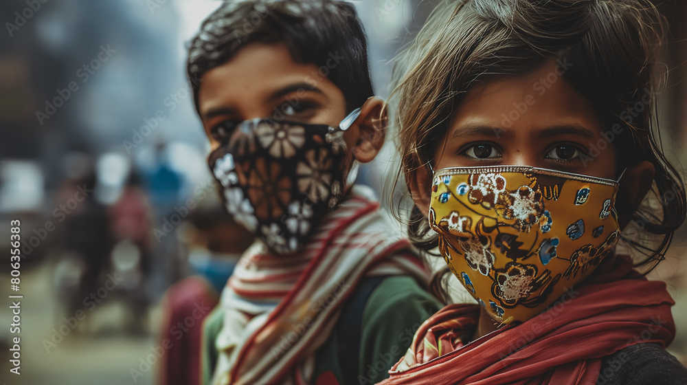 Indian Children wearing masks due to poor air quality, a byproduct of ...