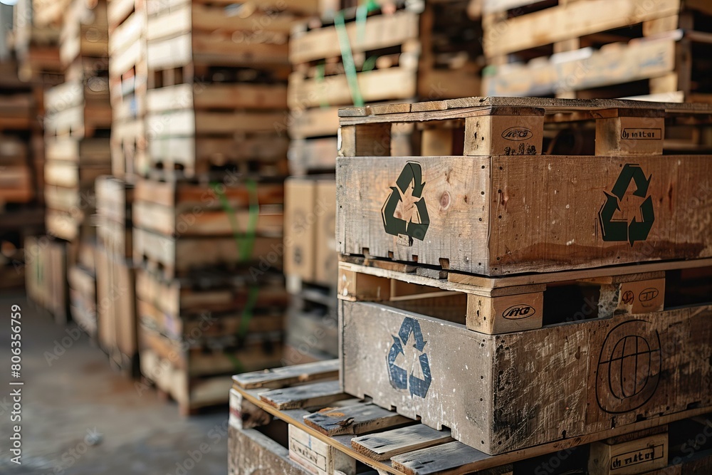 Recycle Symbols on Weathered Wooden Crates at Storage Facility Stock ...