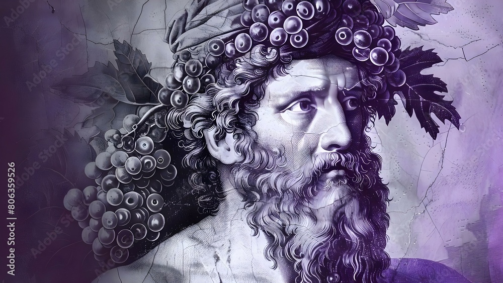 Engraved Portrait of Bacchus: Roman God of Wine in Black and White ...