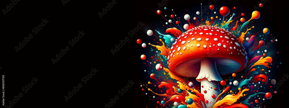 Explosive Red Mushroom with White Dots and Splashing Colors in Abstract ...