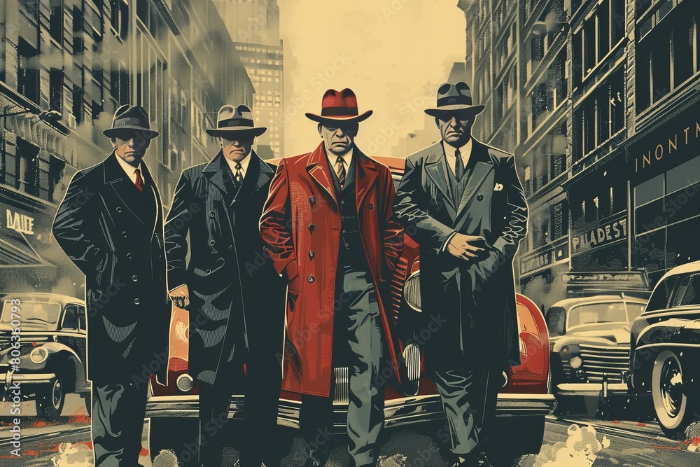Vintage Mafia Look with Men in Suits by Classic Cars Stock Illustration ...