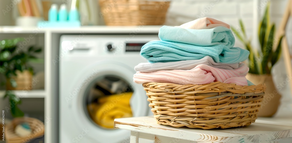 Freshly laundered clothes in a wicker basket. Everyday household chore ...