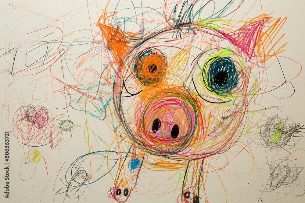 The hand drawing colourful picture of the pig that has been drawn by ...