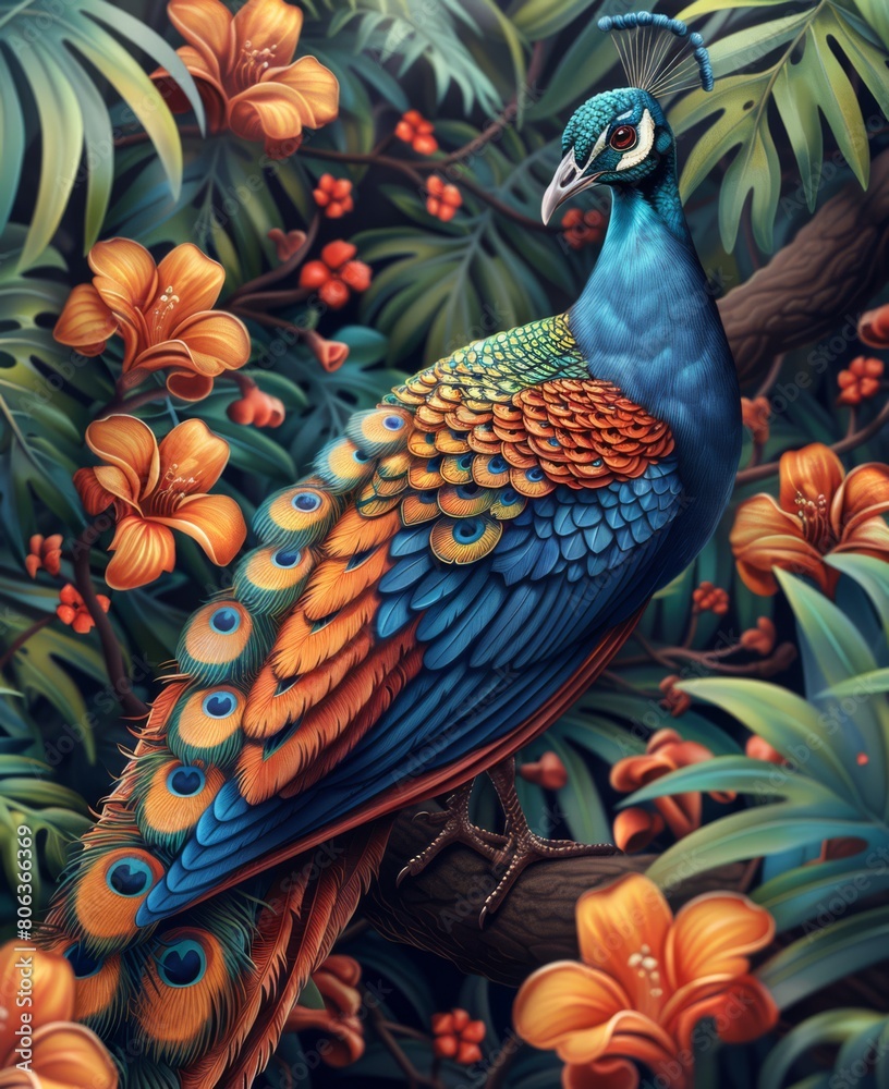Colorful peacock with alot of flowers outline only hand drawing art ...