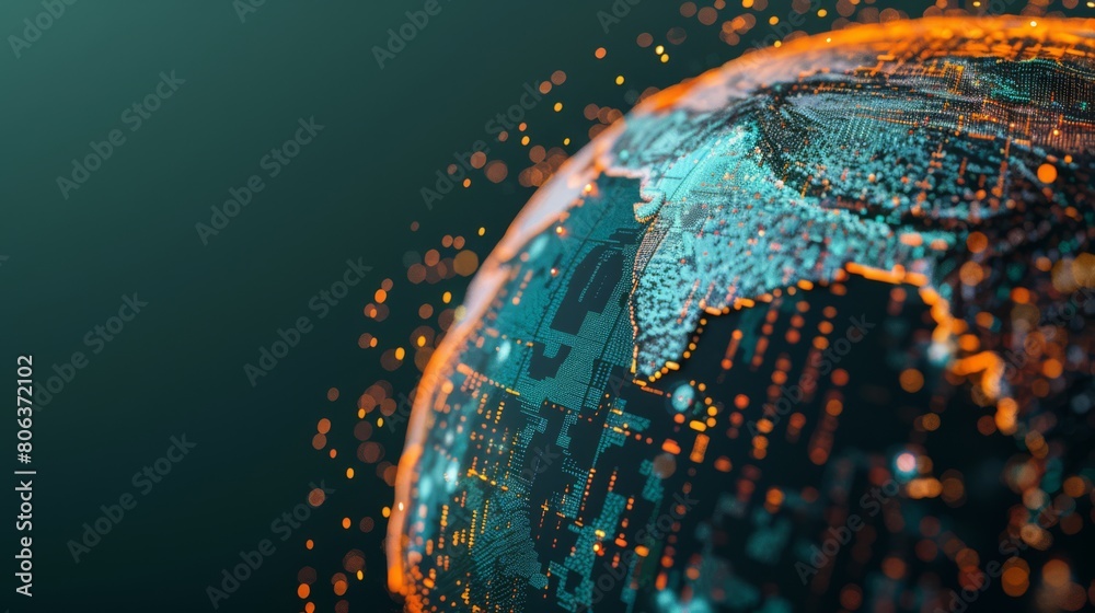 Modern globe made with pixels and transfer arrows around it. attention ...