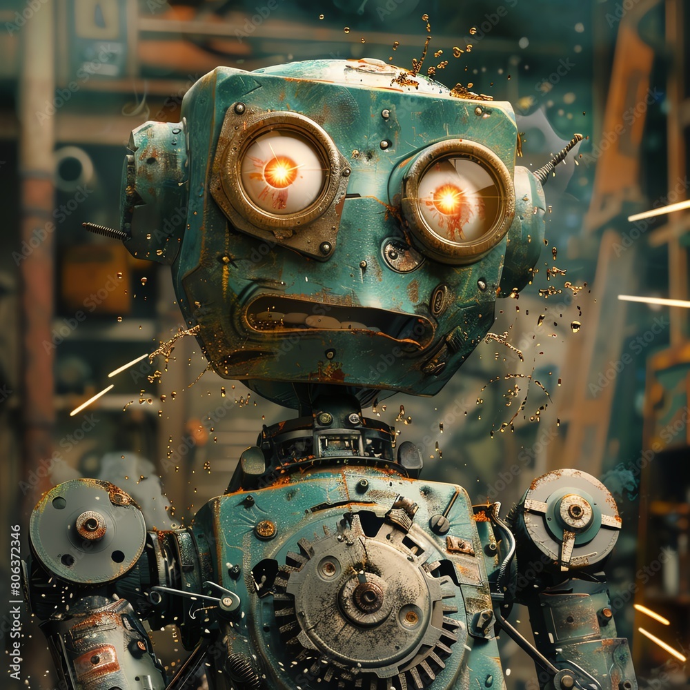 Create a concept art of a steampunk robot having existential crisis Stock Illustration | Adobe Stock