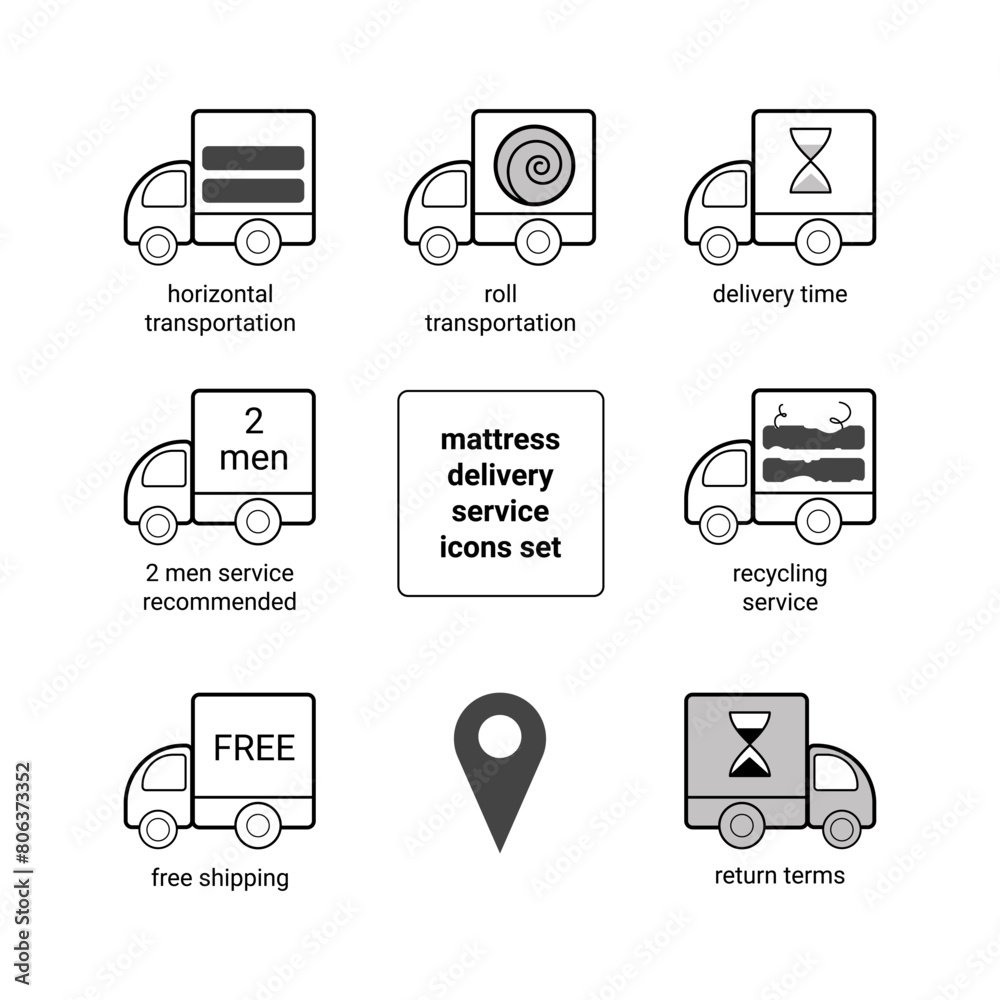 Mattress delivery service icons set. Goods in straightened and rolled ...