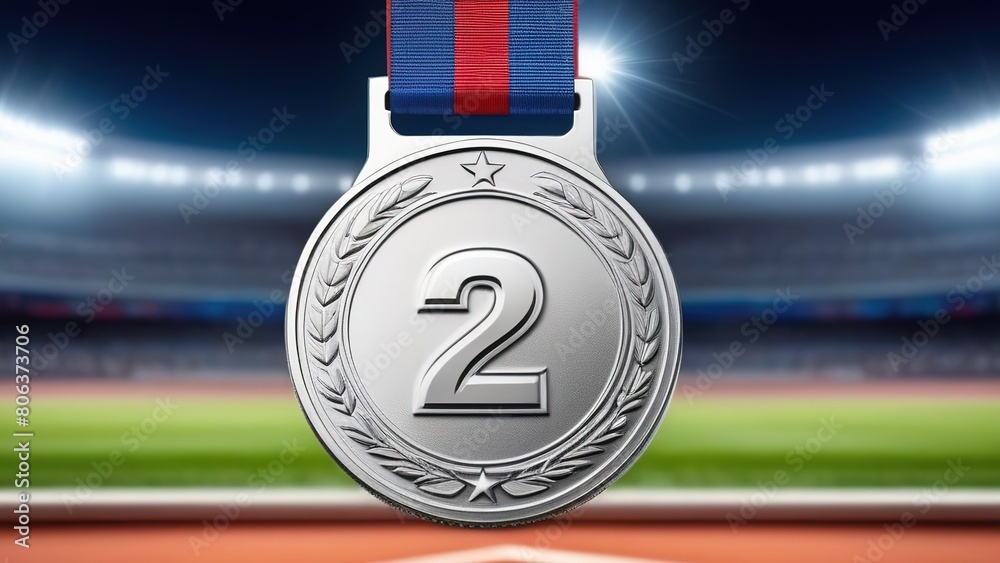 Close-up of a silver medal against the background of a blurred Olympic ...