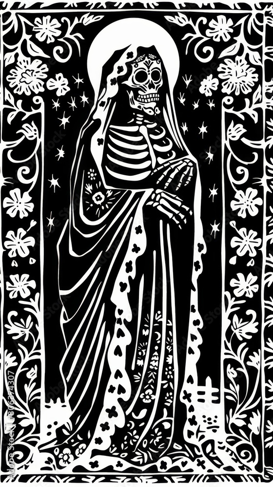 Simple Linocut pattern depicting the santa muerte, black and white ...