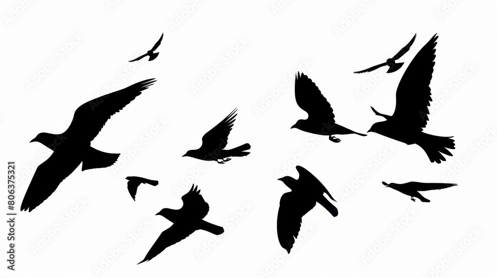 Silhouette of birds flying at the distance, high contrast black and ...