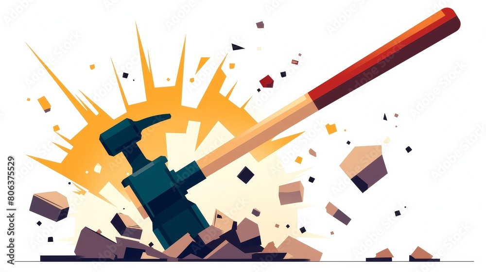 This image shows a hammer striking a stone. The hammer is blue and the ...