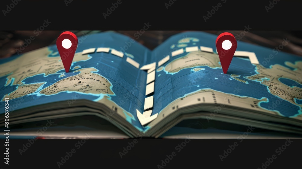 Artistic 3D pop-up book featuring a world map. The map is styled with a ...
