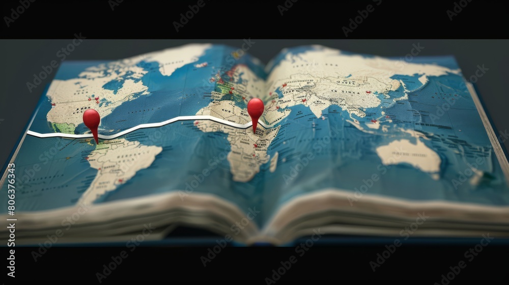 Artistic 3D pop-up book featuring a world map. The map is styled with a ...