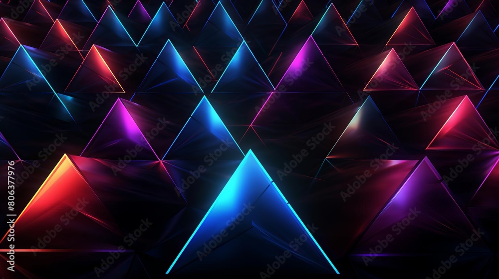 The image is a dark background with glowing neon pyramids. The pyramids ...